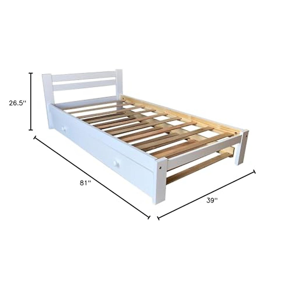 Amazonas White Twin Bed with Trundle Wooden Trundle Bed Twin Size Solid Pine Wood and Hardwood Slats Support Kids Bed Boy Girl Wooden Bedroom Furniture