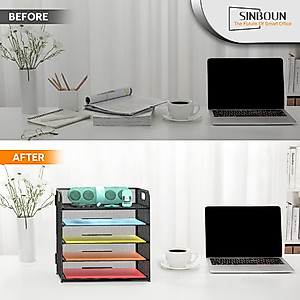 Sinboun Letter Tray Paper Organizer 5-Tier Mesh Desk File Organizer Paper Sorter Holder with Handle, Metal Desktop Document Shelf Tray for Letter/A4 Office Organization - Black