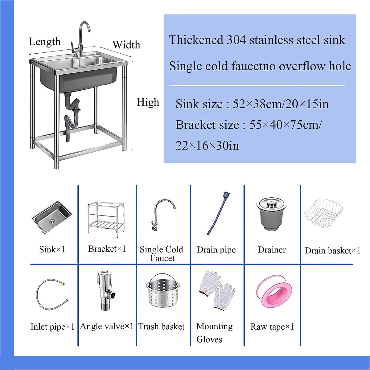 SEYFI Kitchen Sinks Freestanding Stainless Steel for Kitchen Single Bowl Commercial Restaurant Kitchen Sink, for Laundry, Backyard, Garage, Restaurant/Hot and Cold/Single Cold/52 * 38