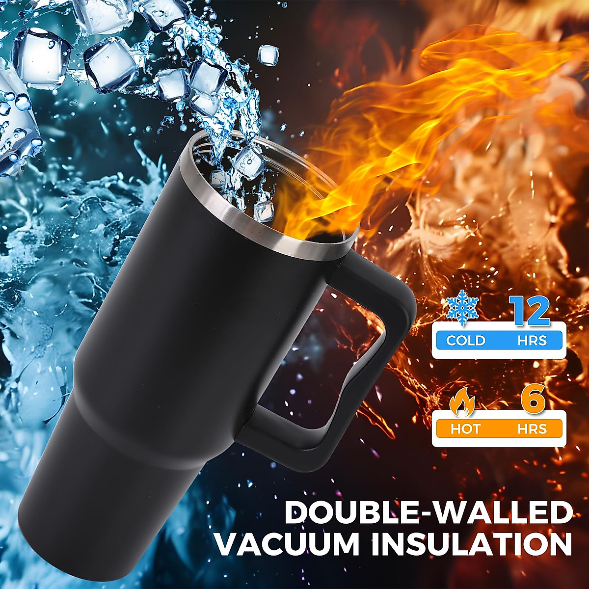 LATTPLYN 40 oz Tumbler with Handle and Straw Lid Insulated Cup Stainless Steel Water Bottle Travel Mug Gifts for Women Men Kids Trek Collection Black-1 Pc