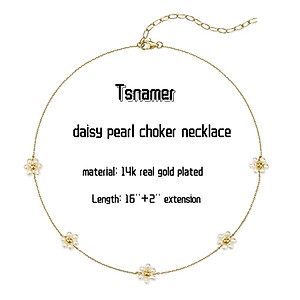 Daisy Flower Choker Necklace 14K Gold Plated Beaded Pearl Choker Necklace for Women Jewelry Gifts