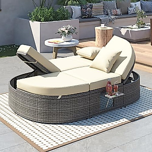 Bellemave Outdoor Sun Bed Patio 2-Person Daybed with Cushions and Pillows, Rattan Garden Reclining Chaise Lounge with Adjustable Backrests and Foldable Cup Trays for Lawn,Poolside（Beige）