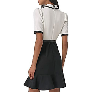 Karl Lagerfeld Paris Women's Belted Color Bloack Collared Dress, Soft White Black, 8