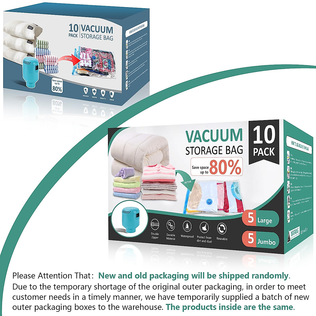 HOTBAG Large Vacuum Storage Bags with Electric Pump 10 Pack (5 Jumbo/5 Large) Vacuum Seal Bags for Clothing Compression Space Saver for Comforters,Blankets - Travel Essentials