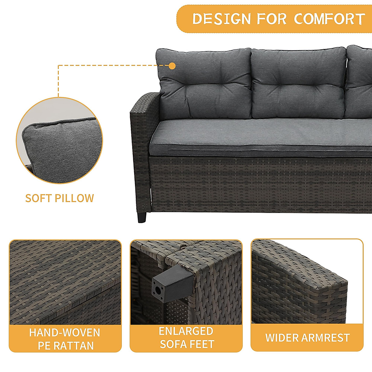 Clihome 6pcs Patio Sofa Set Outdoor PE Rattan Sectional Set with Cushions Lounge Chaise and Coffee Table Wicker Patio Furniture for Patio Backyard Garden Poolside