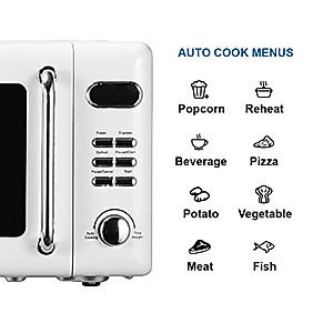 Emerson MWR7020W-N Retro Digital Microwave Oven with Timer & LED Display 700W with 5 Micro Power Levels, 8 Pre-Programmed Settings, Express & Defrost, with Child Safe Lock, 0.7 Cu. Ft, White