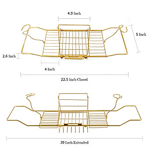 PLKO Bathtub Tray,Stainless Steel Shower Bathtub Caddy Tray with Removable Book Holder Red Wine Rack Holder, for Home Kitchen Bathroom,Gold