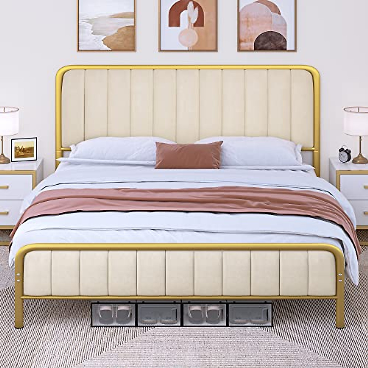 YITAHOME Queen Size Bed Frame, Velvet Bed Frame with Upholstered Headboard, Strong Metal Slats Support Platform Bed, No Box Spring Needed, Gold & Beige