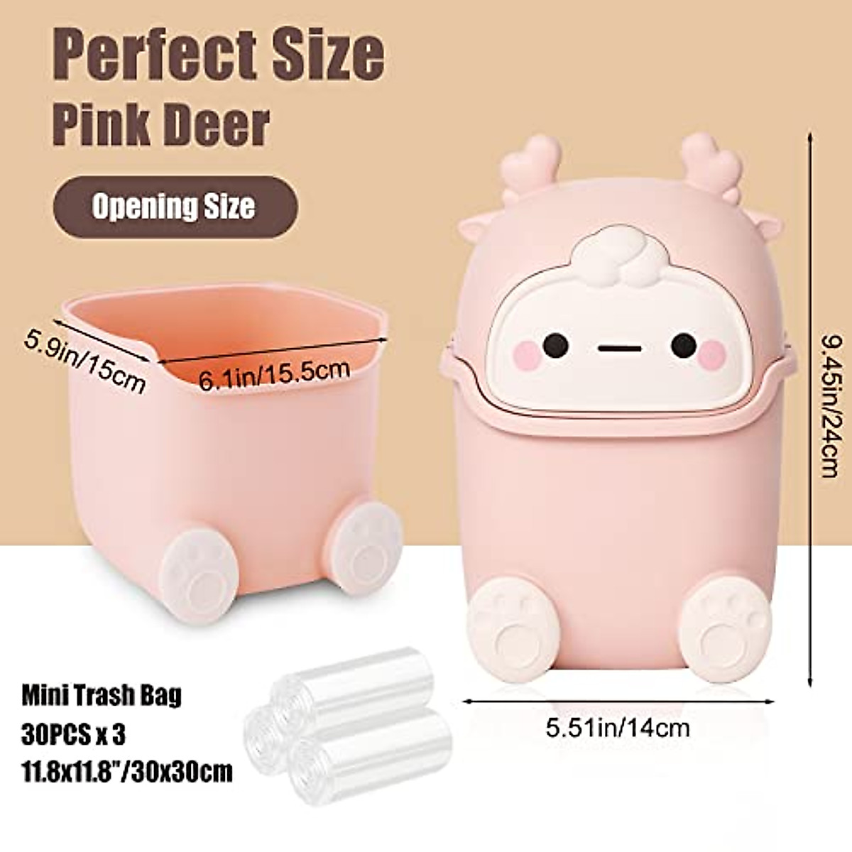 SHAIDOJIO Cute Desktop Trash Can, Creative Mini Garbage Can with 90Pcs Trash Bags, Small Desktop Plastic Waste Basket with Flip Lid for Bathrooms, Kitchens, Offices, Dressing Table (Pink)