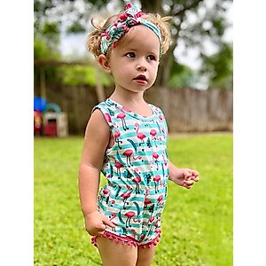 6-12 Months Toddler Flamingo Leaves Green White Stripe Pattern Sleeveless Jumpsuit Lovely Pink Pom Pom Tassel Baby Romper Series,Birthday Gifts