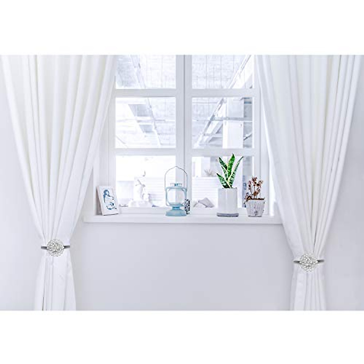 Lewondr Curtain tie Magnetic, 1 Pair Sparkling Crystal Flower Curtain Tieback Stretchy Curtain Buckle Clips Curtain Bind Stainless Spring Wire Magnetic Drapery Holder - Silver