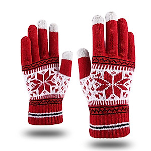 Snowflake Pattern Knitting Gloves for Women and Men Winter Warm Mittens Full Finger Touchscreen Texting Gloves (Red, One Size)