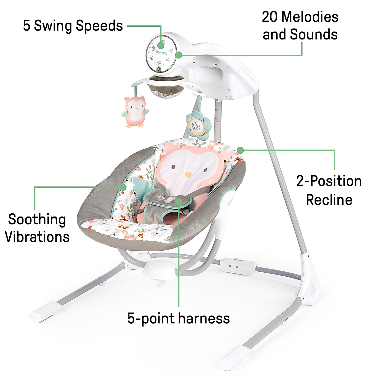 Ingenuity InLighten 5-Speed Baby Swing - Swivel Infant Seat, 5 Point Safety Harness, Nature Sounds, Lights - Nally Owl