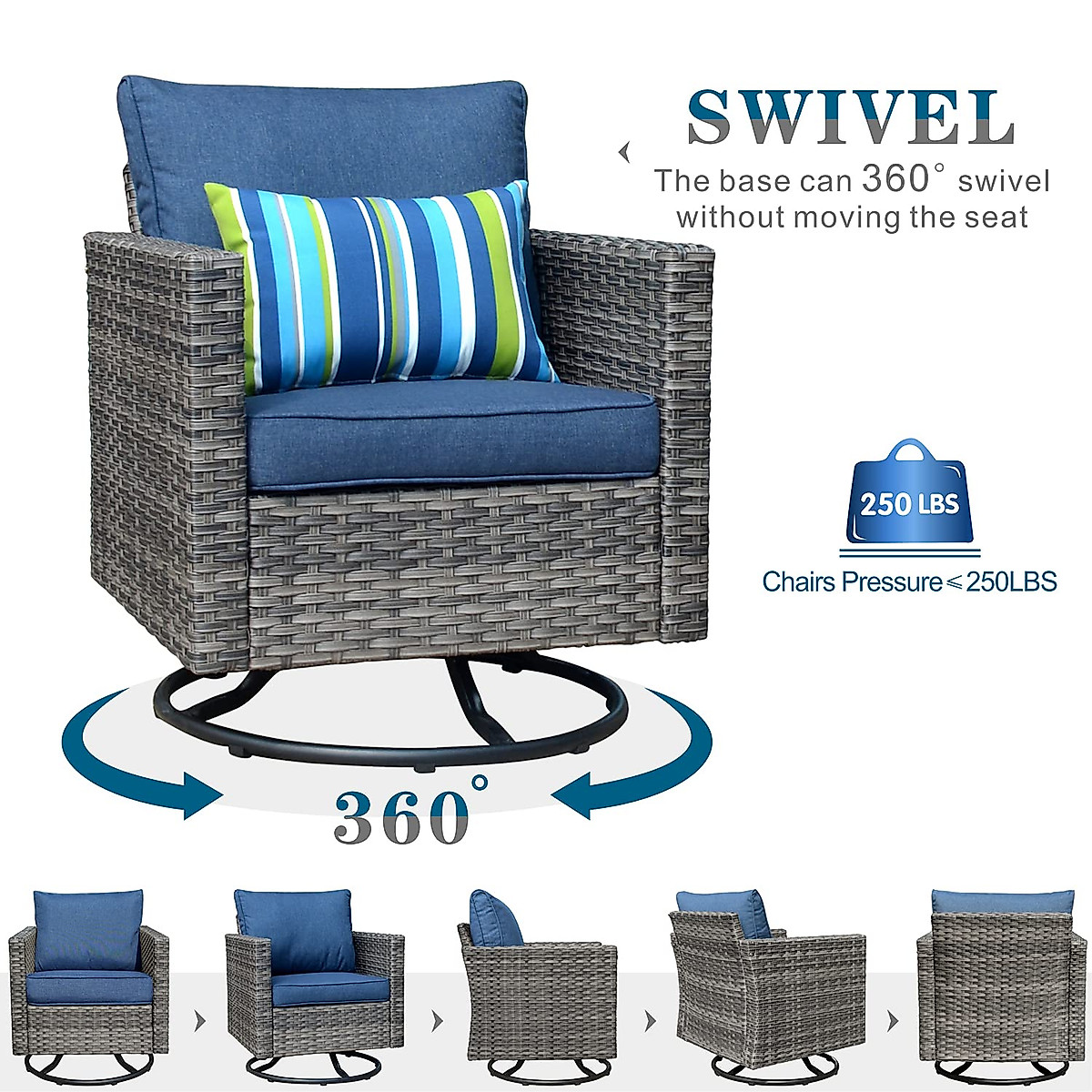 XIZZI Outdoor Furniture Patio Sectional Sofa Swivel Rocking Chairs 8 Piece All Weather PE Rattan Wicker Conversation Sets with Coffee and Side Table for Backyard Deck Garden,Denim Blue