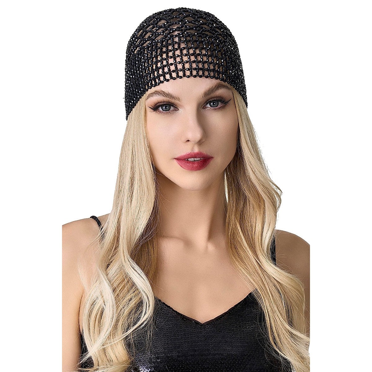 BABEYOND 1920s Beaded Cap Headpiece Belly Dance Cap Exotic Cleopatra Headpiece for Gatsby Themed Party (Black)