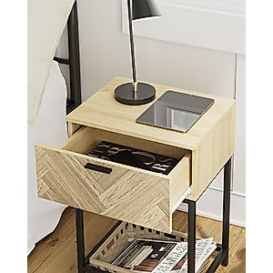 Masupu Nightstand,Bedside Tables with Storage Drawer,Tall Nightstand with Herringbone Pattern,Bedside Furniture,Small Side Table for Small Spaces, Bedroom, Living Room, Rustic Oak