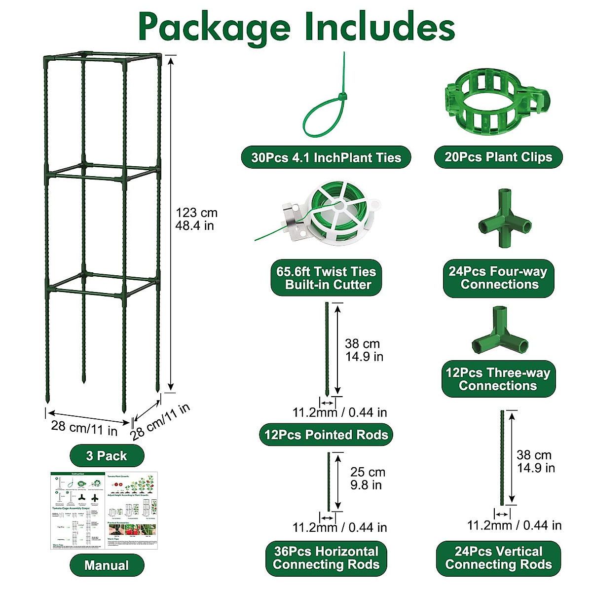 ROADPLUM 3 Pack 48" Tomato Cages for Garden, Plastic Coated Steel Pipe Heavy Duty Adjustable Tomato Stakes Trellis Plant Cages for Vegetable, Fruit, Flower, Rose Vine Climbing Plants