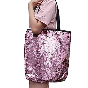 FENICAL Shoulder Bag Sequin Tote Bag Flippy Large Capacity Handbag Fashion Shopping Bag for Women - Pink+Golden