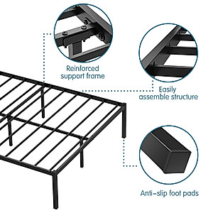 Elephance Queen Bed Frame with Storage Space 16 Inch Black Bedframe No Box Spring Needed Metal Platform with Heavy Duty Steel Slat Support, Easy Assembly