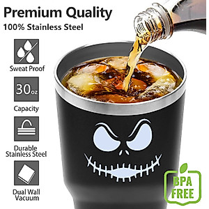 Stainless Steel Three-layer Insulation Cute jack skellington cup 30 oz tumbler with Lid and Straws travel mugs funny coffee tea cups for MenWomen boyfriend gifts (Black)