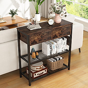 Rustic Industrial Console Table, Sofa Table ，Narrow Side Table with 2 Fabric Drawers, Small Entrance Table with 3 Storage Shelves, Side Table for Living Room, Hallway（31.5，Brown and Black）
