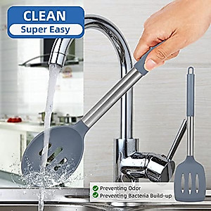 Cooptop Pack of 2 Silicone Spatula Set - Non Stick Silicone Slotted Turner and Solid Turner - 600°F Heat Resistant Cooking Utensils (Grey Blue)