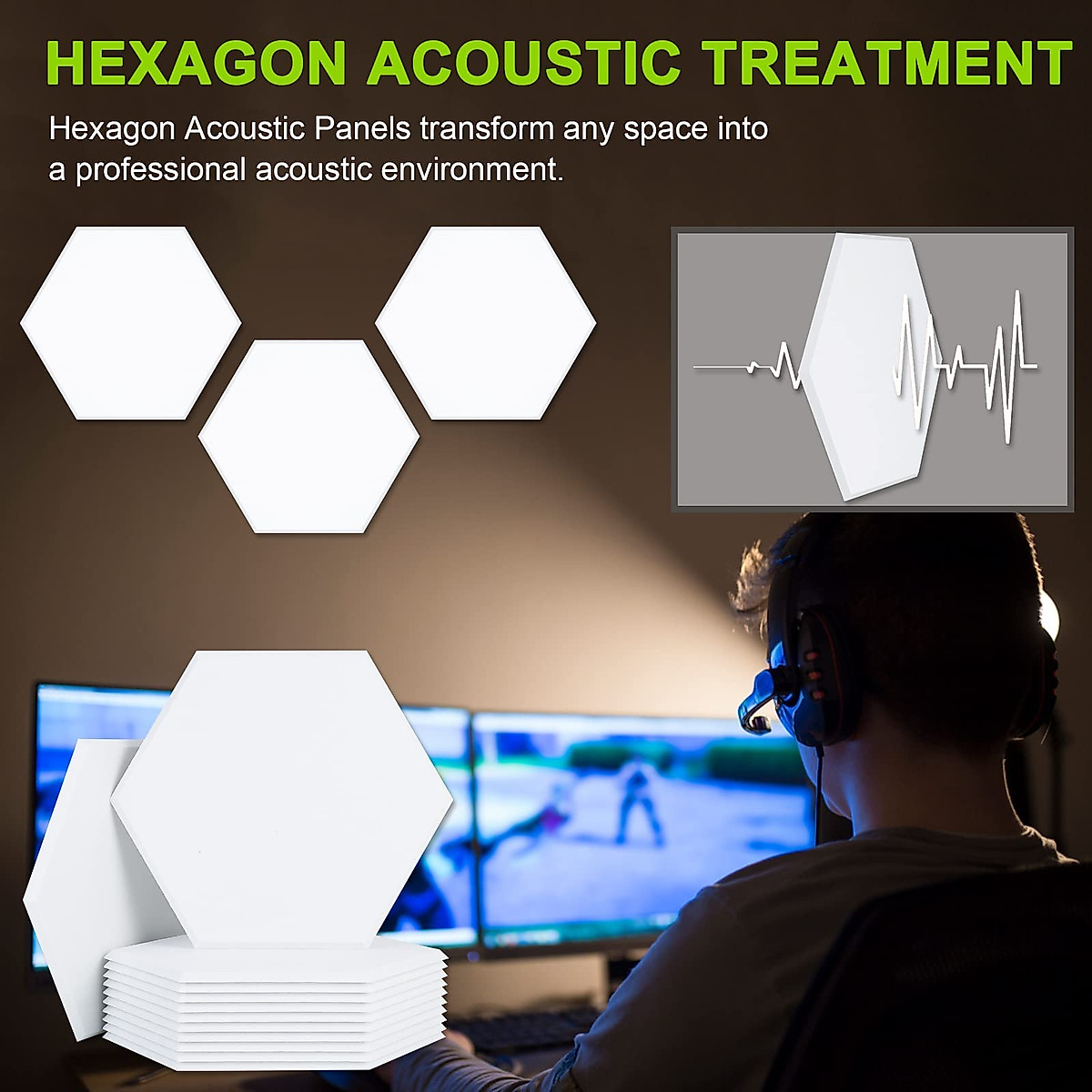 BUBOS 12 Pack Hexagon Acoustic Panels Soundproof Wall Panels,14 X 13 X 0.4Inches Sound Absorbing Panels Acoustical Wall Panels, Acoustic Treatment for Recording Studio, Office, Home,White