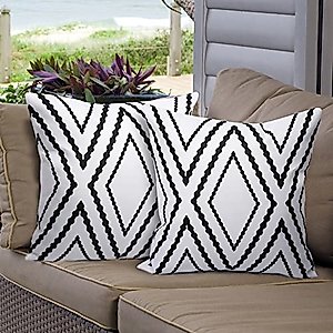 Hckot Outdoor Waterproof Boho Throw Pillow Covers for Patio Furniture Set of 2 Geometric Decorative Pillow Cases for Couch Garden Tent Balcony 18 X 18 Inch(White)