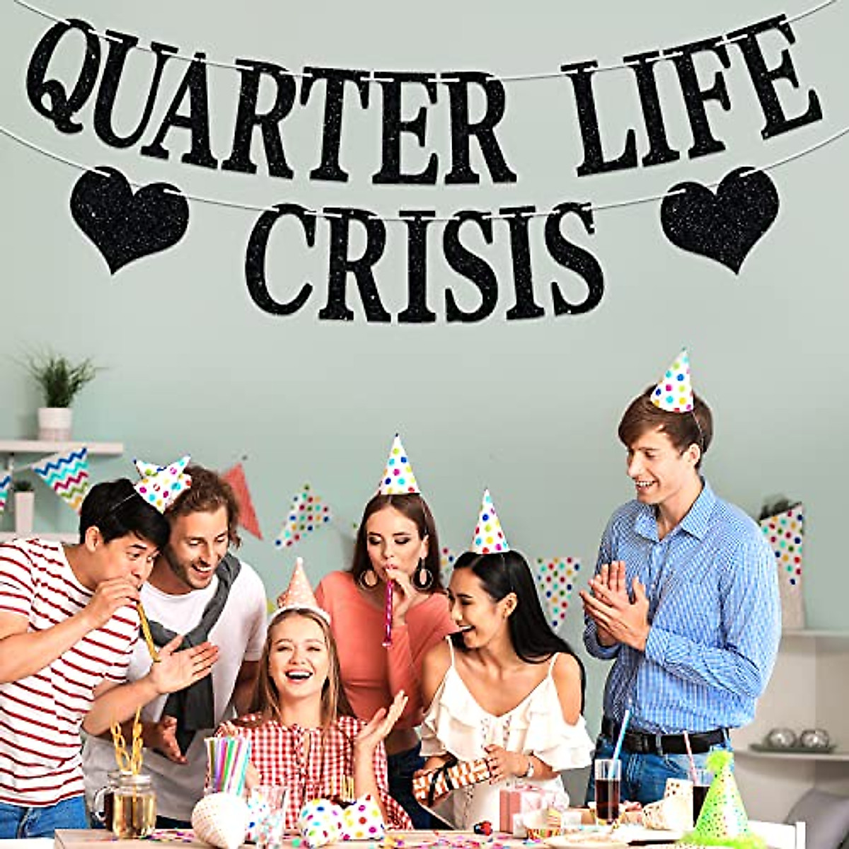 Quarter Life Crisis Banner, Fun Birthday Bunting Sign, Happy 25th/30th Birthday Party Decoration Supplies, Birthday Party Backdrop, Black Glitter