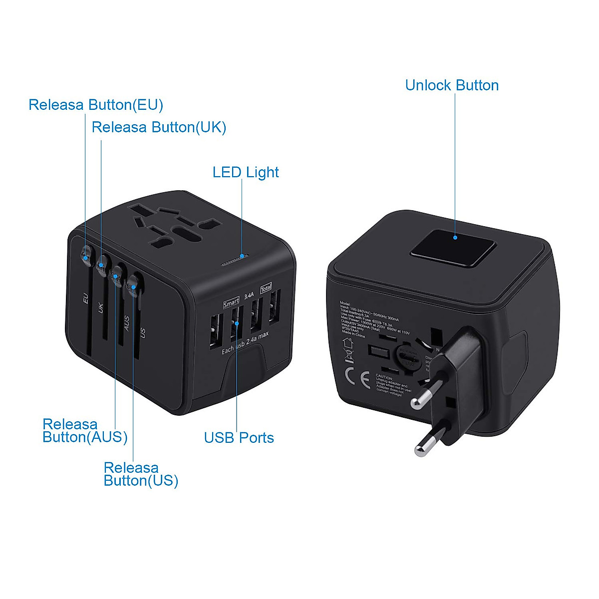 International Travel Adapter Universal Power Adapter Worldwide All in One 4 USB with Electrical Plug Perfect for European US, EU, UK, AU 160 Countries (Black)