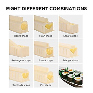 Sushi Making Kit Deluxe Edition with Complete Sushi Set 10 Pieces Plastic Sushi Maker Tool Complete with 8 Sushi Rice Roll Mold Shapes Fork Spatula DIY Home Sushi Tool (Off-white)
