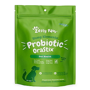Zesty Paws OraStix for Dogs - Probiotic Sticks with Hemp Seed Curcumin Ginger Root Taurine - Supports Gut Function Flora Immune System Proprietary Healthy Teeth Gum Blend - 25oz