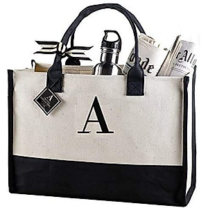 Mud Pie Classic Black and White Initial Canvas Tote Bags (A), 100% Cotton, 17" x 19" x 2"