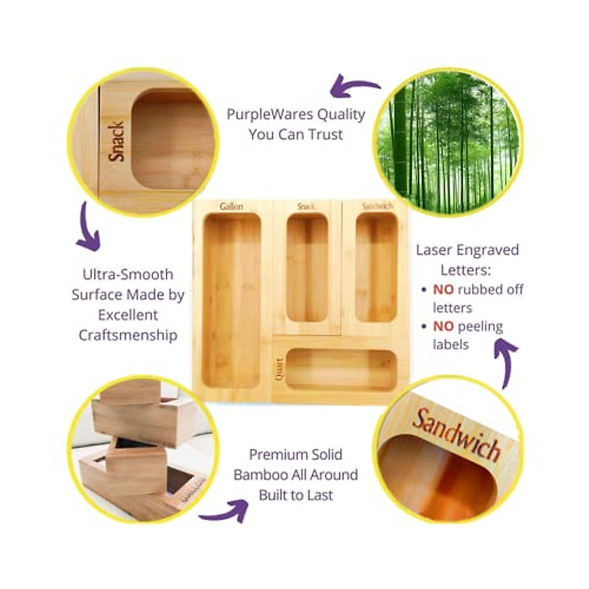 BATUMEYE Bag Storage Organizer Holder - Premium Moso Bamboo Kitchen Drawer Organizer Dispenser Compatible with Ziploc, Solimo, Glad, Hefty for Gallon, Quart, Sandwich & Snack