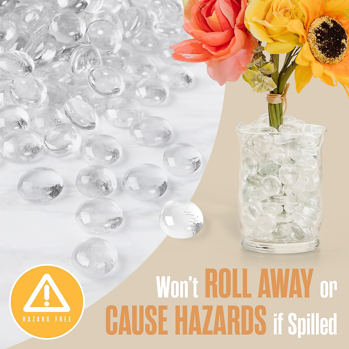 Houseables Glass Stone, Clear Marbles, Pebbles for Vases, 5 LB, 400-500 Stones, Flat Bottom, Round Top, Rocks, Bowl Filler Gems, Iridescent Decor, Decorative Centerpieces, Florist Supplies, Aquarium