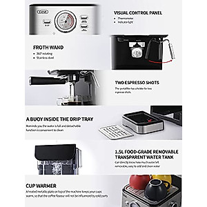 Gevi Espresso Machine 15 Bar Pump Pressure, Cappuccino Coffee Maker with Milk Foaming Steam Wand for Latte, Mocha, Cappuccino, 1.5L Water Tank, 1100W, Black1