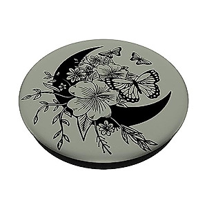 Sage Grey Black Butterfly Crescent Moon Flower PopSockets Swappable PopGrip