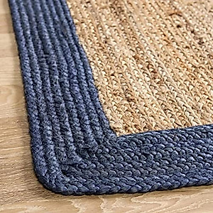 Durrie India Hand Woven Jute Braided Rug 6' x 4' Natural Frame Pattern Farm House Accent Rugs for Living Room, Kitchen, Bedroom Area Rug Blue and Beige(72x48 Inches)