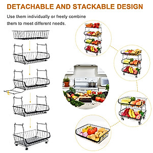 Fruit Vegetable Storage Basket, 5 Tier Stackable Metal Wire Storage Baskets with Wheels, Fruit Vegetable Produce Basket Organizer Bins for Kitchen, Pantry, Bathroom