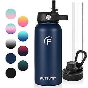 Futtumy Stainless Steel Water Bottle with Straw, 32oz Water Bottle with Spout Lid and Straw Lid, Double Wall Vacuum Insulated Water Bottle, Thermal Bottle for Sports Travel School Gym (Blue gradient)