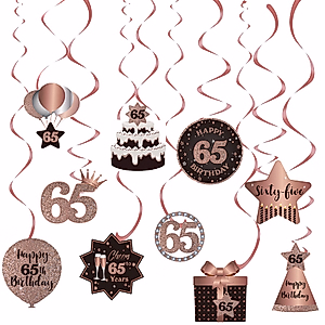Happy 65th Birthday Party Hanging Swirls Streams Ceiling Decorations, Celebration 65 Foil Hanging Swirls with Cutouts for 65 Years Old Rose Gold Birthday Party Decorations Supplies
