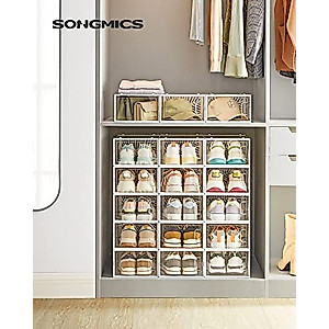 SONGMICS Clear Shoe Boxes, Set of 18 Stackable Plastic Shoe Organizer, Breathable and Foldable Display Storage Bins, for Max. US Size 11, Sneakers, Transparent and White ULSP106W18
