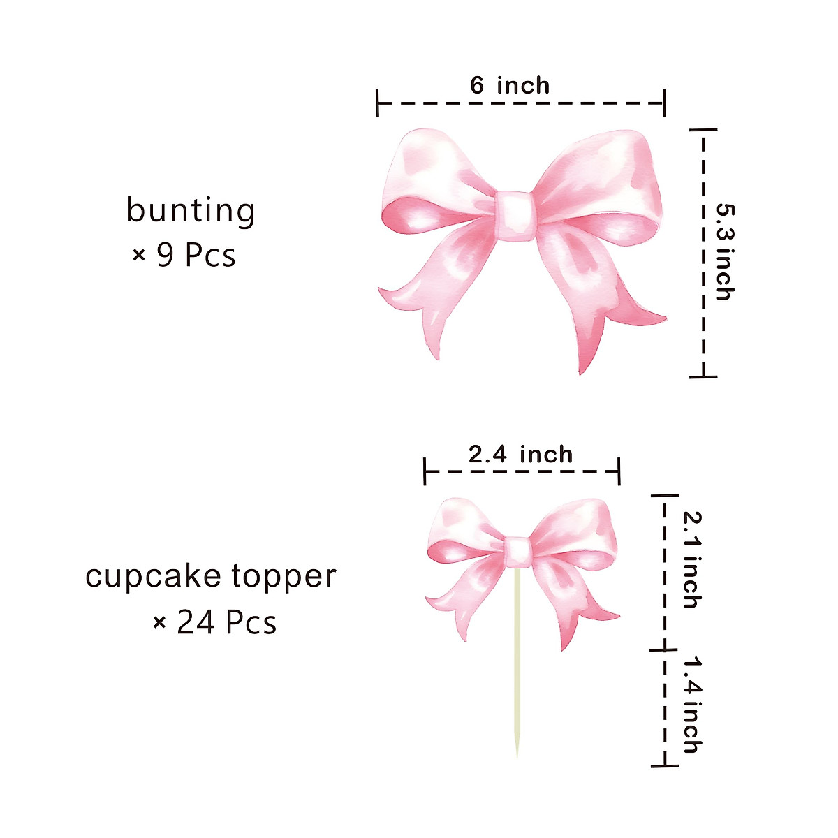 Pink Bow Garland+24Pcs Bow Cupcake Toppers,Bow Banner, Shower Decor,Pink Welcome Baby,Dessert Table Bunting,Coquette Theme Decorations,Double Sided
