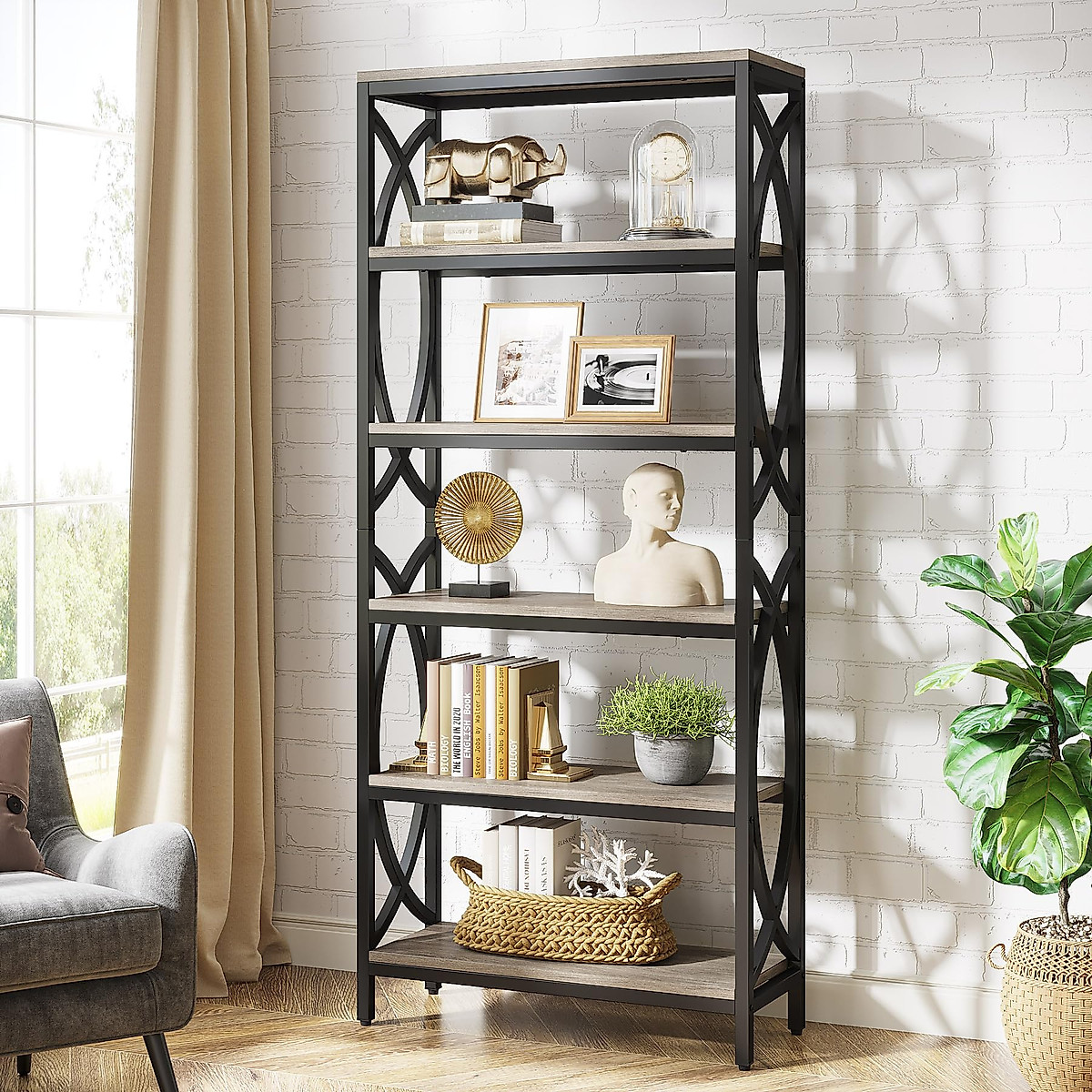 Tribesigns 6-Tier Bookshelf, 70.8" Tall Bookcase, Modern Wooden Bookshelf with Metal Frame, Freestanding Open Storage Shelves/Shelving Unit for Office, Bedroom, Living Room (Grey, 1PC)