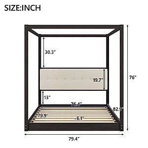 HAUSHECK King Size Canopy Bed with Upholstered Headboard, Four-Poster Queen Canopy Platform Bed Frame, Wood Floor Bed Frame with Sturdy Wooden Slatted Structure, No Box Spring Needed, Easy Assembly