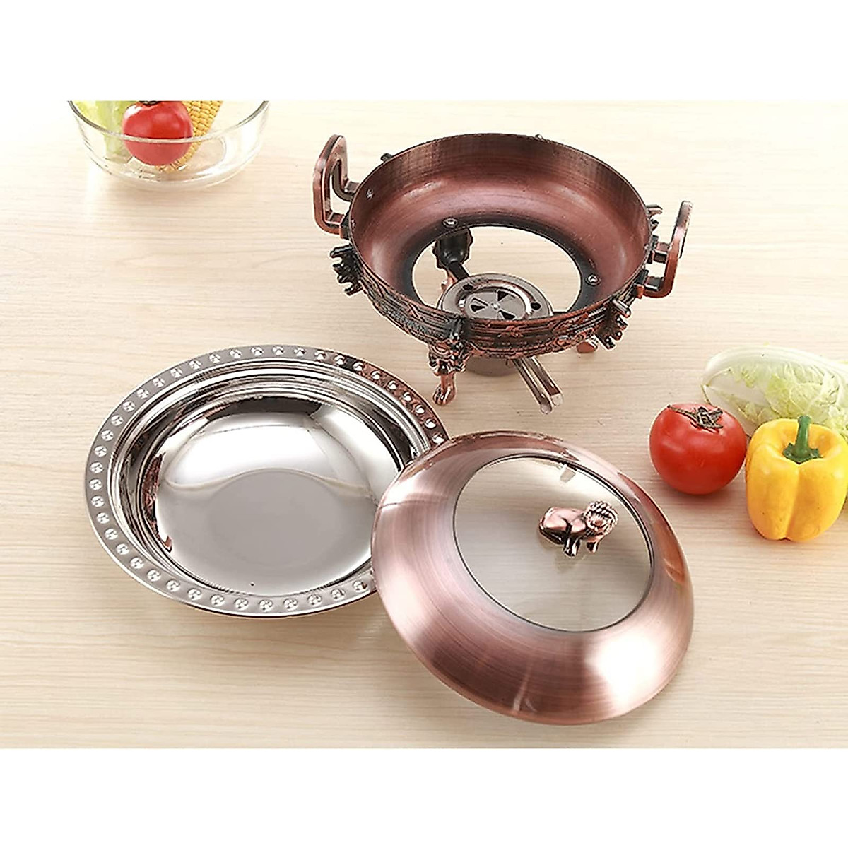 ENPAP Chafing Dish Buffet Set, Round Chafer Buffet Servers and Warmers W/Food Pans, Aluminum Stand, Visible Pot Lid and Fuel Holders, Stainless Steel 28CM (Color : Red Copper)