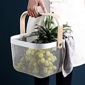 AJIODA 2 Pack Metal Mesh Steel Basket, Storage Organizer Basket Multi-function Hanging Kitchen Baskets Fruit Basket Bin with Wood Handle for Kitchen Bathroom Picnic Cabinet Home Decor, White
