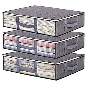 Vieshful Under Bed Storage Containers Foldable Underbed Storage Bags Clothes Organizers for Bedroom Closet Dorm Blankets Sweaters Toys with Clear Window, Reinforced Handle, Sturdy Structure, 40L, 3-Pack, Grey