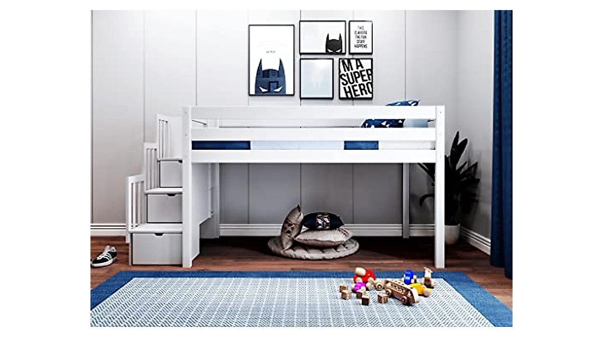 JACKPOT! Contemporary Low Loft Twin Bed with Stairway - White