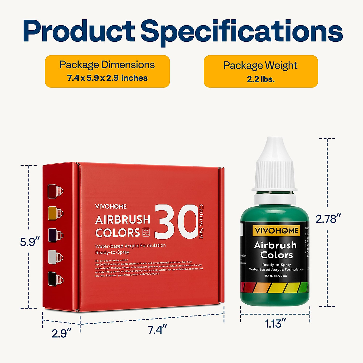 VIVOHOME 30 Color Airbrush Paint Set, Acrylic Air Brush Paints Ready to Spray (No Thinner Needed), Water Based Painting Colors for Artist and Beginners, Includes 6 Metal & 6 Neon, Pack of 30 (20 ml/0.68 Fl Oz)